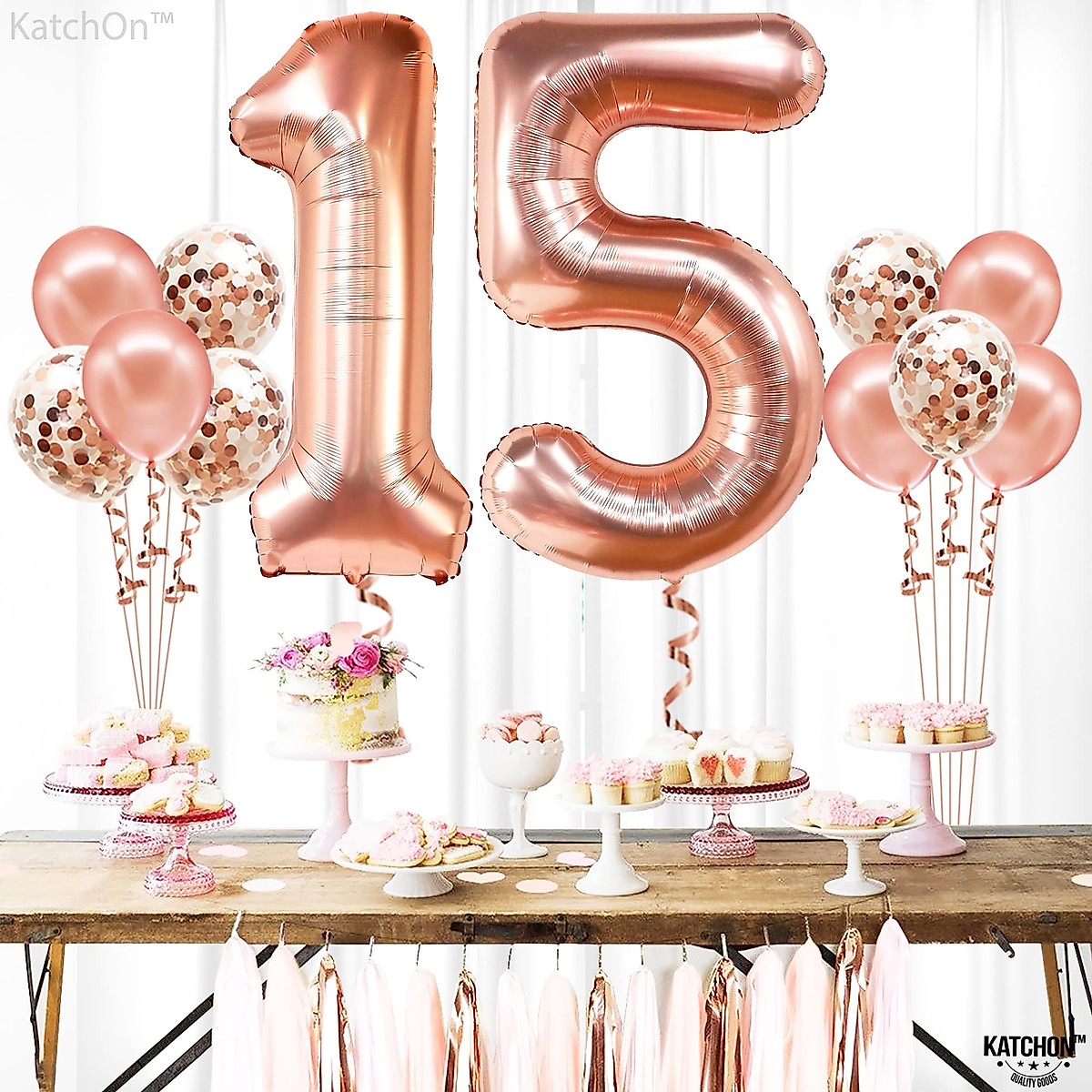 KatchOn, Rose Gold 15 Balloons Number - Giant, 40 Inch | 15 Birthday Balloons with Confetti for Happy 15th Birthday Decorations for Girls | Quinceanera Decorations | 15 Birthday Decorations for Girls