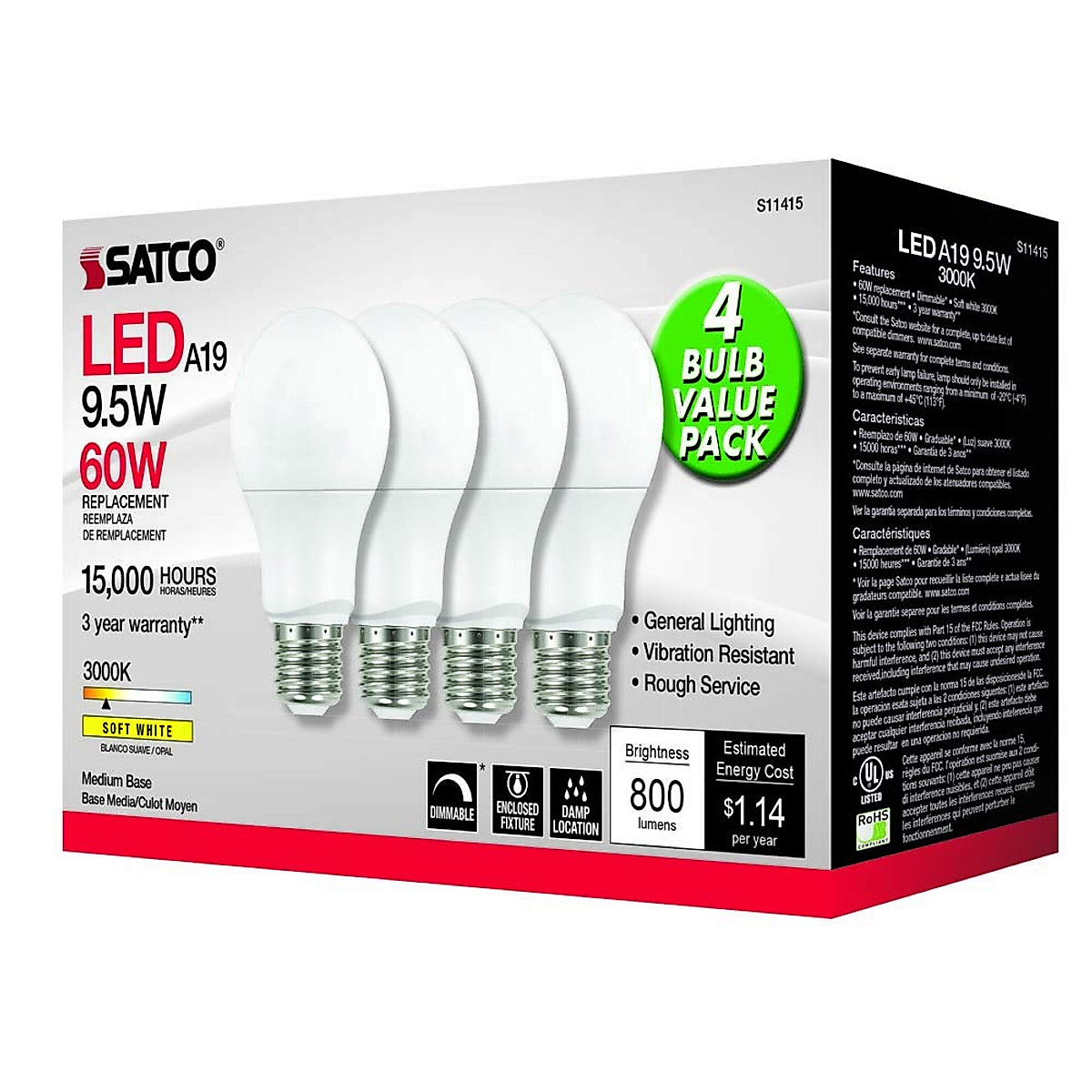 Satco 4.17 Inch 9.5W A19 LED Medium Base Replacement Lamp (Pack of 4)-3000 Color Temperature-Frosted Finish