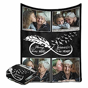 Custom in Loving Memory Bed Blanket, Feather Dove Always on My Mind Forever in My Heart Throw Blanket Personalized Memorial Blanket with Picture for Loss of Loved One 40x50 Inch