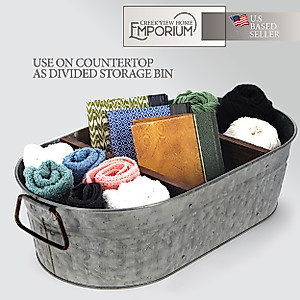 Creekview Home Emporium Rustic Shelf Galvanized Wash Tub Farmhouse Bathroom Wall Decor - 20 Inch Oval Galvanized Cubby Wall Unit with 2 Wood Shelves - Primitive Bathroom Decor with Towel Ring