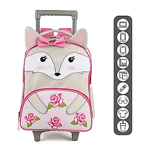 Toddler Rolling Backpack 16 inch Kids Wheeled Backpack Boys Girls Travel School Children Luggage Toddler Trip, Fox