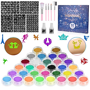 AOMIG Glitter Tattoo Kit, Kids Temporary Tattoo Set - 24 Colours Glitter, 8 Fluorescent Powder, 172 Stencils, Unique Body Nail Glitter Safe Body Make-up for Kids and Adults Birthday Party