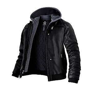 wantdo Men's Big and Tall Leather Motorcycle Jacket Warm Winter Coat with Removable Hood Black 3X-Large Big