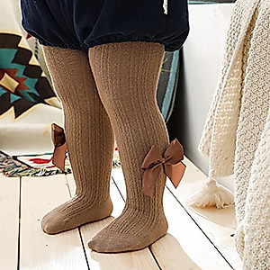 Bafeicao 3 Pack Baby Girls Tights Cable Knit Seamless Leggings with Bow Toddler Girl Cotton Pantyhose, White+Khaki+Coffee, 6-12M