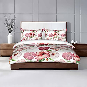 DamnGud Flowers Bedding Set Pink Flowers Duvet Cover Red Flowers Comforter Cover Full Size Quilt with 2 Pillowcases Soft Microfiber (no Comforter)