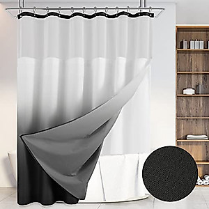 Black Shower Curtain Set with Snap-in Fabric Liner, Ombre Linen Textured Shower Curtain with 12 Hooks - Hotel Style, Water Repellent & Washable, Heavyweight Fabric & Mesh Top Window - 72x72, Black