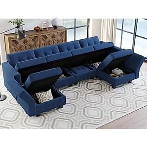 Belffin Modular U Shaped Sectional Sofa Couch with Reversible Chaises 6-seat Sectional Couch with Storage Seat Modular Sectional Set with Ottomans Blue