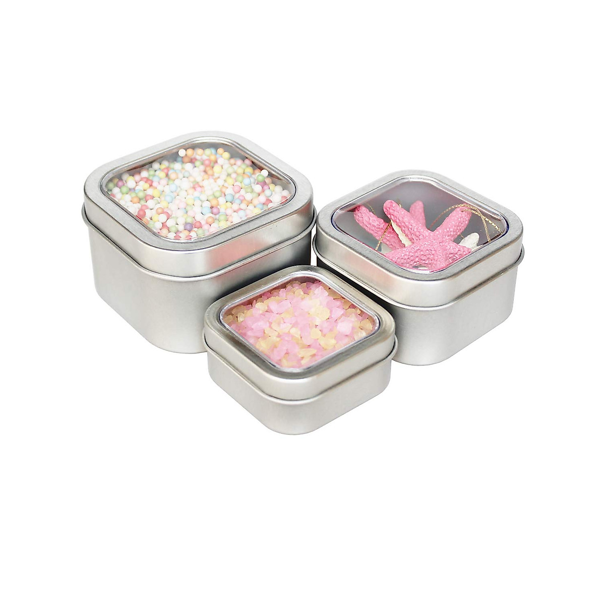 18-Pack Empty Square Silver Metal Tins with Clear Window for Candle Making, Candies, Gifts & Treasures, Mixed Sizes