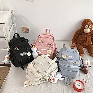 Kawaii Backpack Teen Girls Bag Waterproof Nylon with Cute Pendant and Pin Mini Shoulder Bag (Black)
