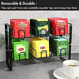 Koluti Tea Bag Holder Organizer 2 Tier, Stackable Wall-mounted Tea Storage Cabinet Stand with Removable Tray Basket, Coffee and Sugar Packet Rack for Counter, Holds 120 Tea Bags, Matte Black Metal