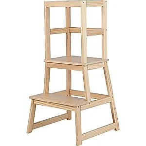 HONEY JOY Kids Kitchen Step Stool with Safety Rail, Wooden Montessori Standing Tower for Counter Bathroom Sink, Non-Slip Mat, Children Learning Stepping Stool for Toddlers 18+ Month