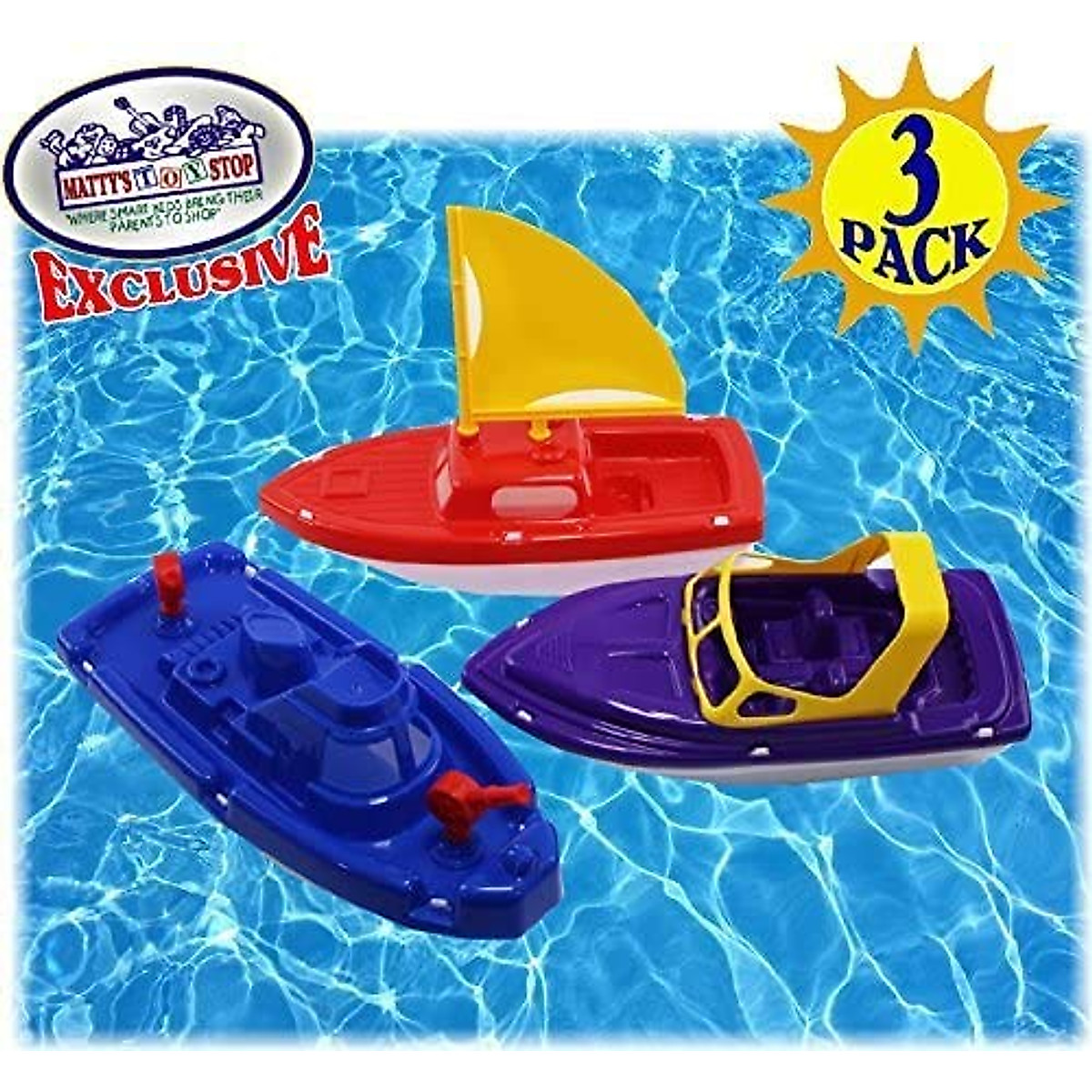 Matty's Toy Stop Plastic Boats Set Sailboat (Red), Speedboat (Purple) & Fireboat (Blue) Gift Set Bundle, Perfect Bath, Pool, Beach Etc. - 3 Pack