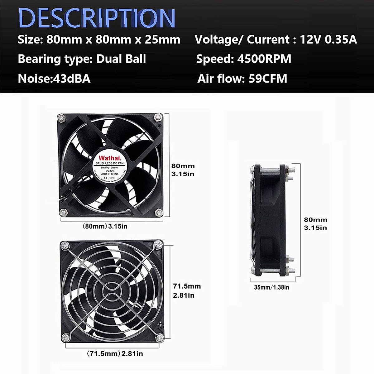 Wathai 80mm x 25mm DC Brushless Case Cooling Fan 12V 0.35A Ball Bearing 4500RPM High Speed