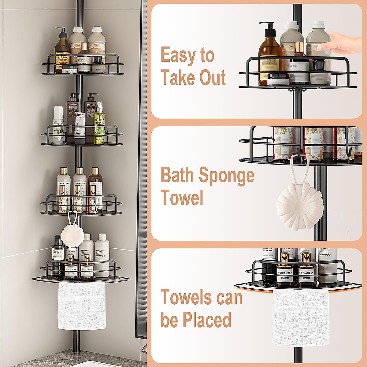 THMINS Shower Caddy Tension Pole,Adjustable Corner Shower Caddy,4 Tier Rustproof Shower Organizer Shelves for Bathroom,Bathtub,42.1-120.5 inch,Black