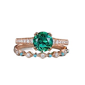 DCFSHEE Rose Gold Plated Round Cut Emerald Halo CZ Wedding Ring, White Simulation Diamond Halo Water Ripples Half Eternity Band Ring Set (US Size 6)