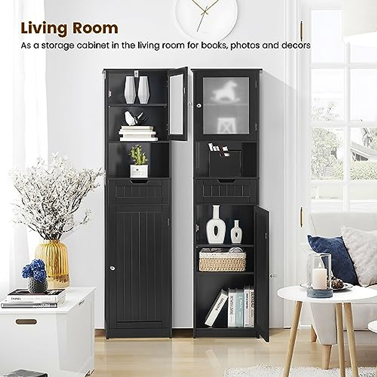 Iwell 67.2" H Tall Bathroom Storage Cabinet with 2 Doors & 1 Drawer, Bathroom Cabinet with 4 Shelves, Narrow Linen Cabinet for Living Room, Bathroom, Kitchen, Black