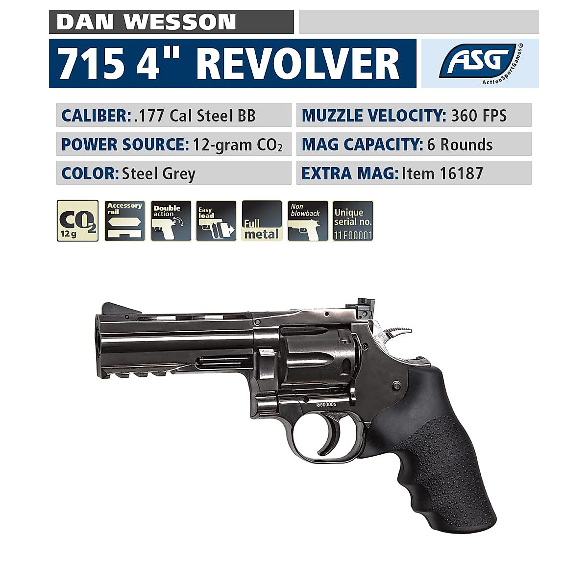 ASG Dan Wesson 715 Revolver 4" 0.177/4.5mm Caliber BB Gun, Steel Grey