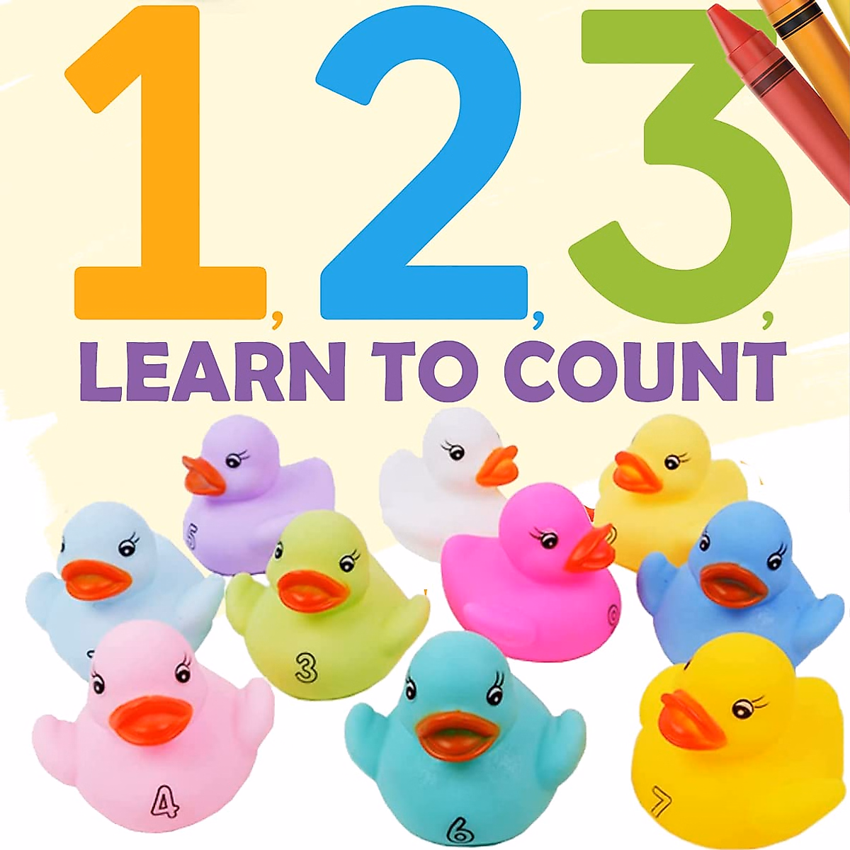 10 Pack: Numbers Counting Rubber Ducks Colorful Bath Toys - 1, 2, 3 Learn to Count Numeracy Early Learning Educational Bathtime Squeak Duckies Bathtub Set for Kids, Toddlers