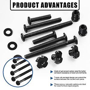Glarks 107Pcs M6x30/50/70mm Black Hex Socket Cap Screws Bolts & M6 Threaded Inserts T-Nuts Assortment Kit with Flat Washers and Hex Wrench for Wood Furniture Fasteners
