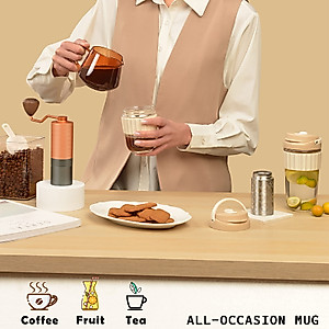 Leak-proof Glass Coffee Mug with Lid Lock, 17oz Reusable Coffee Cup with Stainless Steel Filter, Travel Tea and Fruit Infuser with Handle, BPA-free, Microwave and Dishwasher Safe