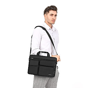 MOSISO Laptop Shoulder Bag Compatible with MacBook Air/Pro,13-13.3 inch Notebook,Compatible with MacBook Pro 14 inch M4 M3 M2 M1 with 2 Raised&1 Flapover&1 Horizontal Pocket&Handle&Belt, Black