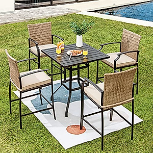 Tangkula 5 Pieces Outdoor Patio Bar Set, Rattan Bistro Set W/ 4 Wicker Bar Stools & 1 Bar Table, Heavy-Duty Steel Frame, Soft Cushions, Patio Conversation Set for Courtyard, Poolside, Garden (Beige)