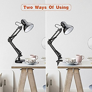 PowerKing Metal Swing Arm Desk Lamps, Adjustable and Flexible, Feading with Base and Clip 2-in-1 Function, Fit E26&E27 Bulbs Base, Application in Bedroom Living Room, Office Home (Black)
