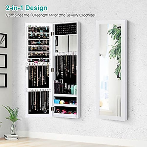 COSTWAY Full Length Mirror Jewelry Cabinet, Wall Door Mounted Jewelry Organizer w/Makeup Mirror, Ring Slots & Necklace Hooks, Large Storage Jewelry Armoire for Bedroom, Dressing Room (White)