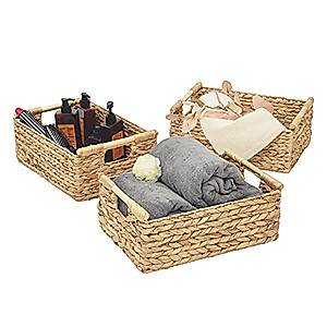 Natural Water Hyacinth Storage Basket with Handle, Rectangular Wicker Basket for Organizing, Decorative Wicker Storage Basket for Living Room, Medium Wicker Basket