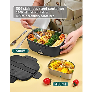 STN Heated Lunch Boxes For Adults,Efficient Electric Lunch Box Set with Removable 304 SS Container (1.5L+ 0.45L),10L Insulated Bags,Big Cutlery Set for 12v 24v 110v