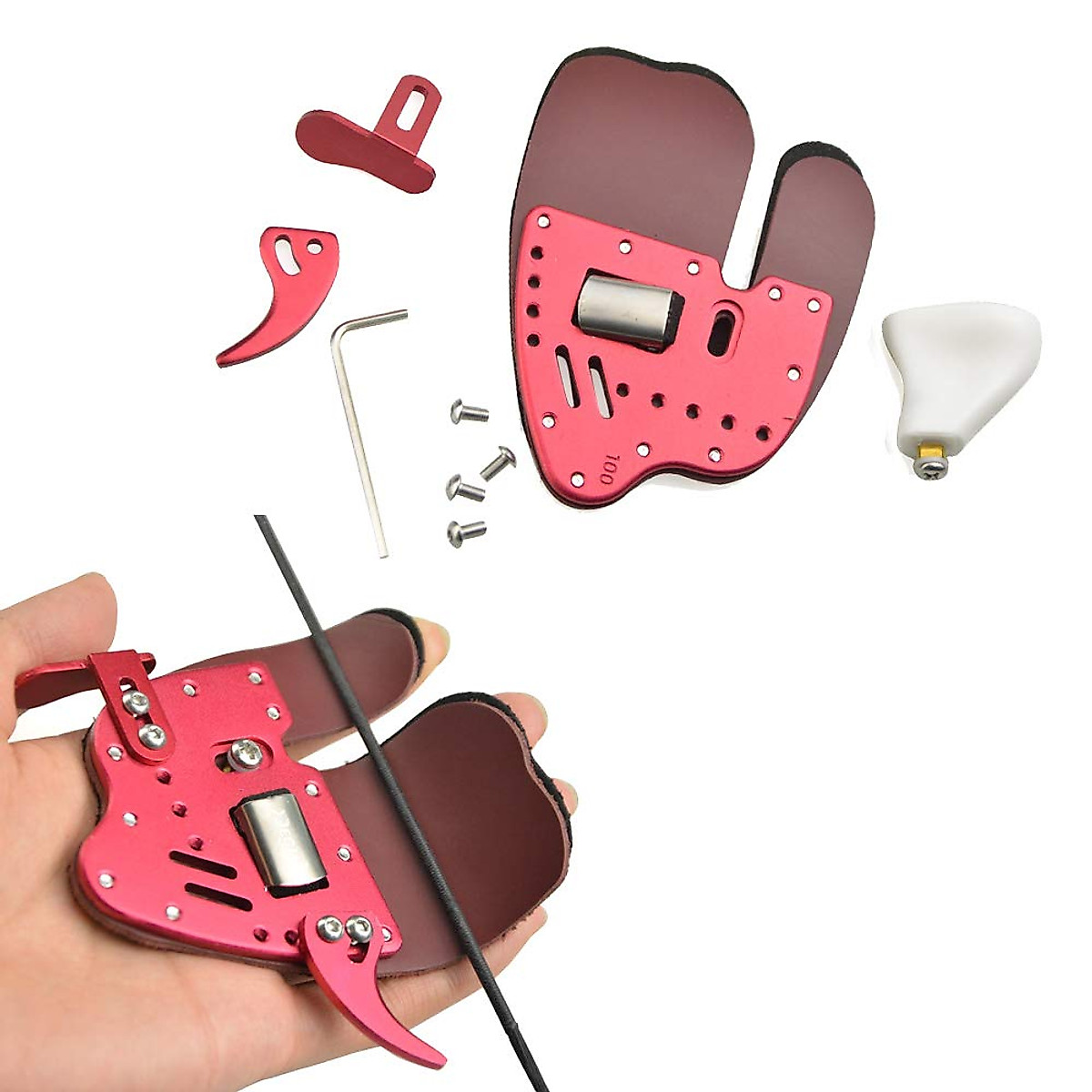 SHARROW Archery Finger Tab Guard Finger Saver Protect Guard Leather Protector Gloves Adjustable for Bow Hunting Left Hand Right Hand (red, Right Hand)