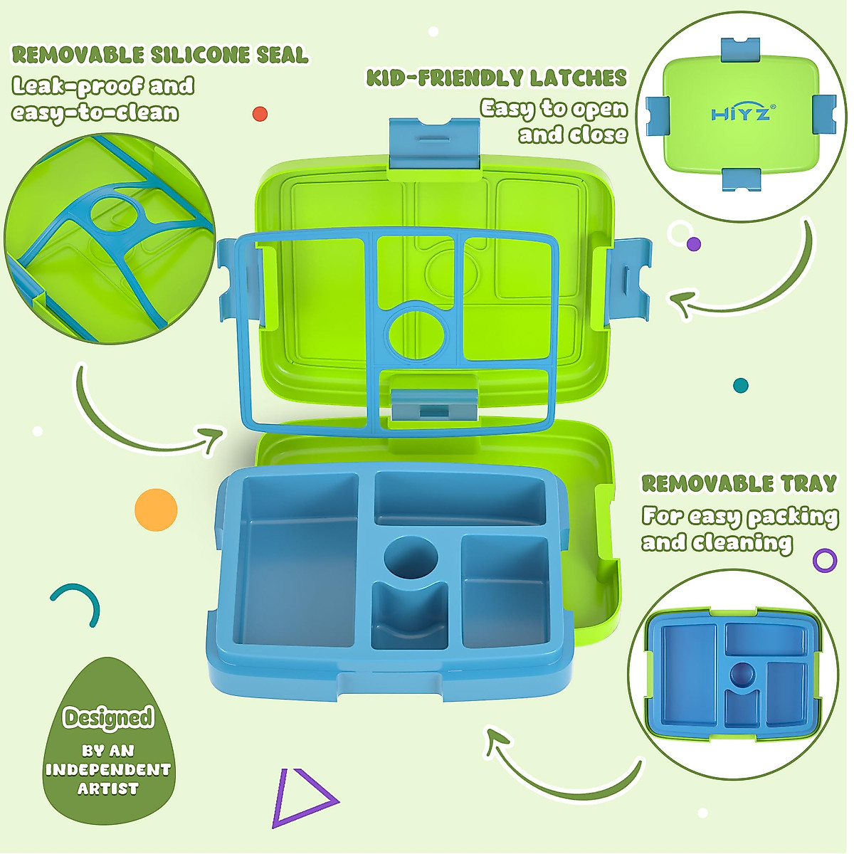 HiYZ Dinosaur Bento Box for Kids, Kids Lunch Box with 5-Compartment, Kids Bento Lunch Box for Ages 3-7, Leak-Proof, Durable, Lunch Box Containers for Kid Back to School Meals, Snack Packing, Travel