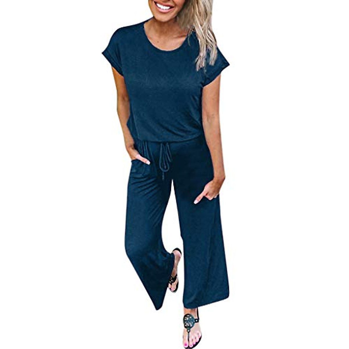 Mitiy Women's Short Sleeve Loose Wide Legs Casual Jumpsuits with Pockets