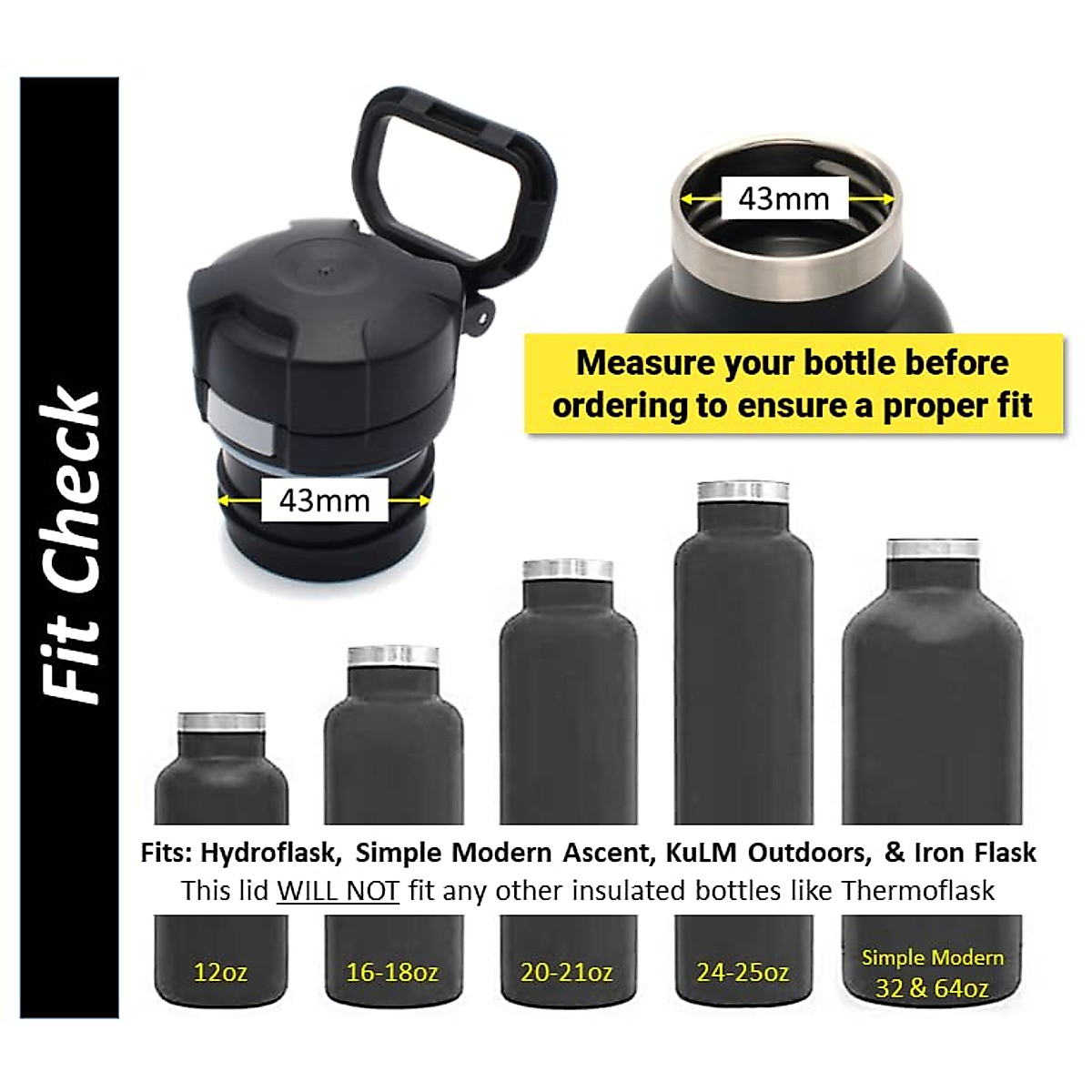 Standard-Mouth Replacement Flip Lid compatible with Hydroflask, Simple Modern Ascent, Classic Klean Kanteen. (Black)