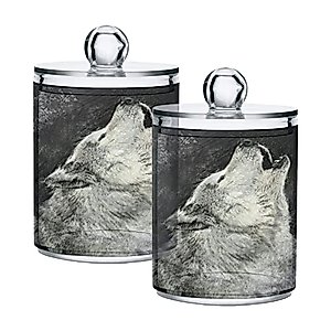Kigai Watercolor Cool Wolf Qtip Holder Dispenser with Lids 2PCS -Bathroom Storage Organizer Set, Clear Apothecary Jars Food Storage Containers, for Tea, Coffee, Cotton Ball, Floss
