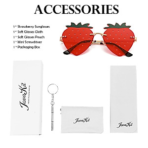 JOVAKIT Strawberry Shaped Sunglasses for Women Men Vintage New Rimless Sun Glasses Retro Rave Party Halloween Eyeglasses (Gold/Red)