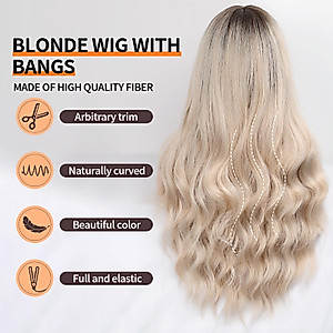 ORSUNCER Blonde Wig with Bangs Long Wavy Curly Ombre Blonde Wig Natural Looking Synthetic Heat Resistant Hair Wigs for Daily Party Wig 26 Inches