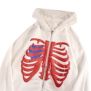 Women Y2k Jacket Long Sleeve Graphic Skeleton Zip Up Hoodie Sweatshirt Streetwear White XL