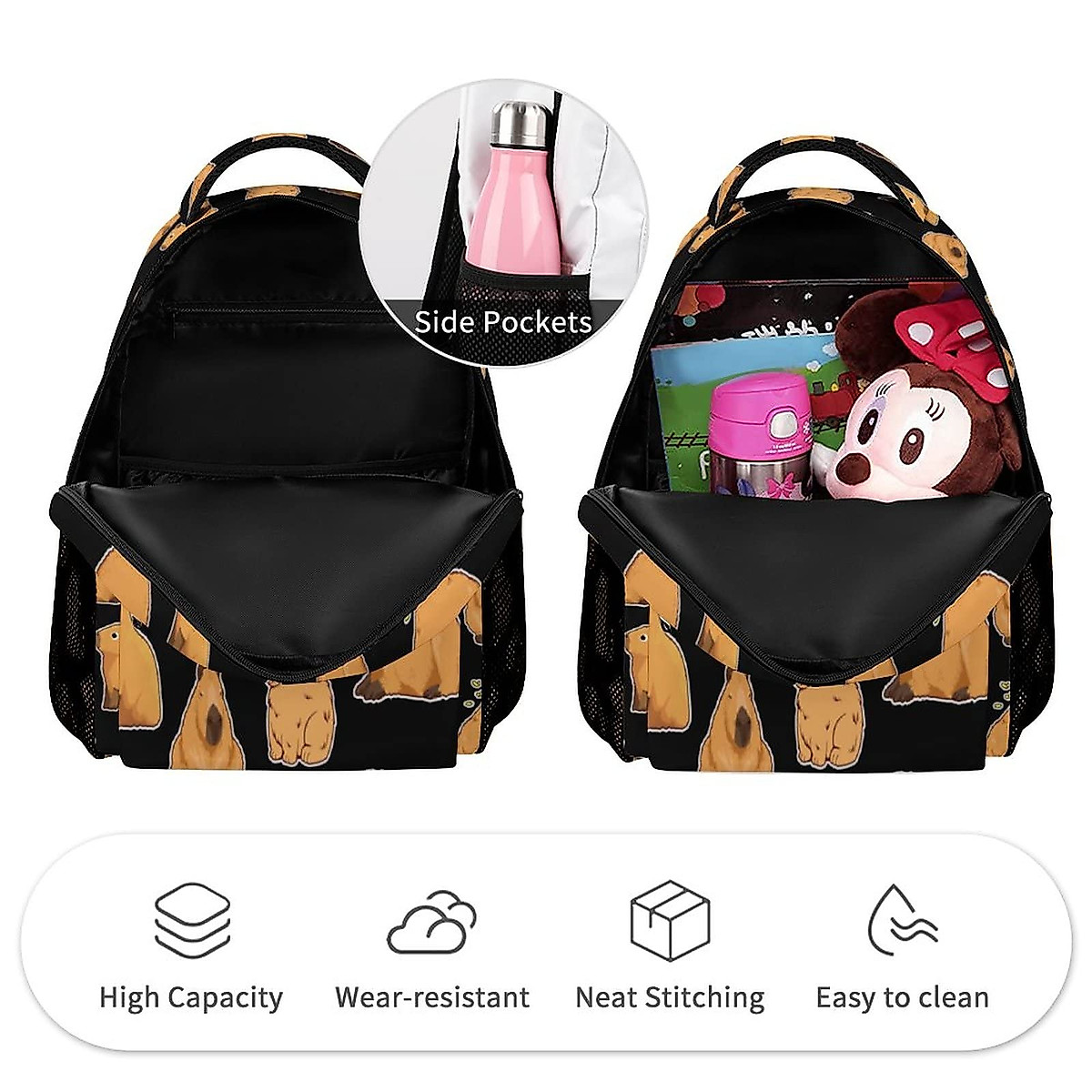 Ueshiramanu Capybara Backpack Gift for Kids Boys Girls Polyester Fashion School Bag Print Travel Stylish Laptop Bookbag Black