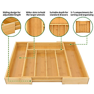 Bamboo Silverware Tray for Drawer, Expandable Utensils Drawer Organizer, Cutlery Dividers, 5-7 Compartments
