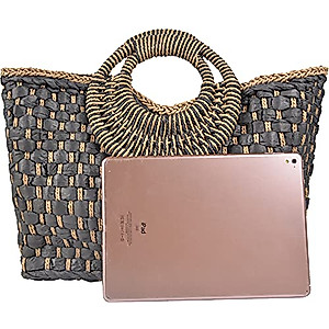 QZUnique Hand-woven Straw Bag Women Summer Beach Handbag Casual Satchel Retro Top Handle Tote Clutch