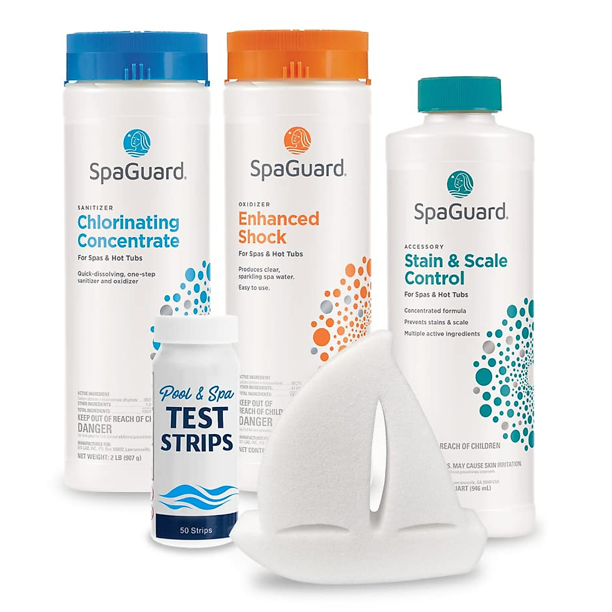 Standard Hot Tub Chemical Bundle with SpaGuard Chlorine, Enhanced Shock, Stain and Scale Control, Test Strips, LeisureQuip Scum Absorber
