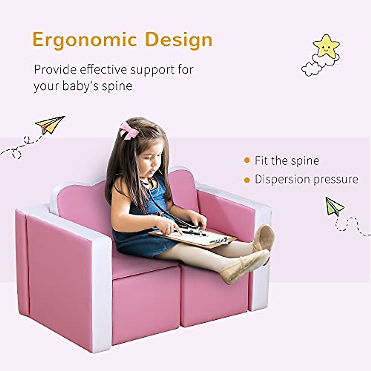 Qaba Kids Sofa Set 2-in-1 Multi-Functional Toddler Table Chair Set 2 Seat Couch Storage Box Soft Sturdy Pink