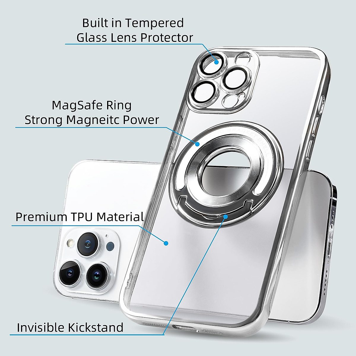 Tcaraersing Magnetic Invisible Stand Case for iPhone 13 Pro Max, Compatible with MagSafe, Built-in Camera Lens Protector, Luxury Plating Clear Shockproof Slim Thin Cover iPhone 13 Pro Max 6.7''-Silver