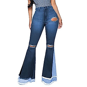 Maiyifu-GJ Women's Patchwork Ripped Flare Jeans Retro High Waisted Bell Bottom Denim Pants Destroyed Raw Hem Jean Trousers (Dark Blue,3X-Large)