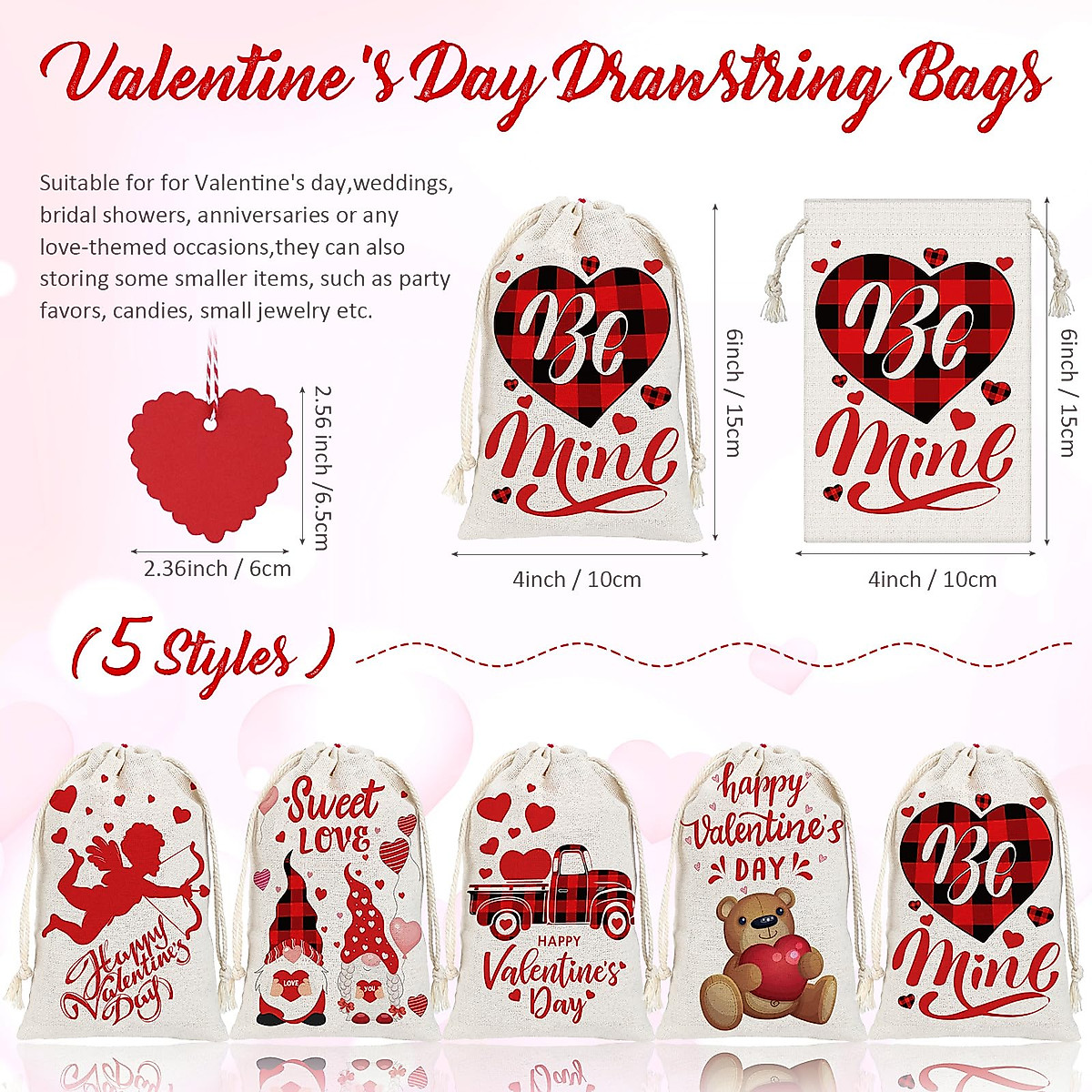 20 Pieces Valentine's Day Gift Bags with Drawstring Linen Cloth Candy Jewelry Pouches Sacks Small Muslin Bags with Heart Tag Labels for Valentine's Day Party Favors Wedding Bridal Shower (4 x 6 Inch)
