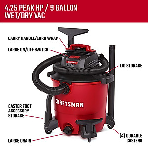 CRAFTSMAN CMXEVBE17590 9 Gallon 4.25 Peak HP Wet/Dry Vac, Portable Shop Vacuum with Attachments and Additional Dust Collection Bags