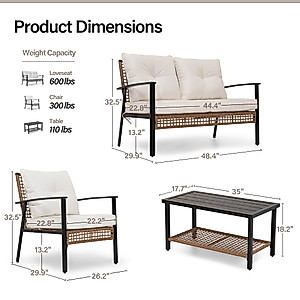 LAUSAINT HOME 4-Piece Patio Conversation Set, Comfortable Oversized Outdoor Furniture Set with Soft Cushion and Storage Metal Coffee Table for Backyard, Porch, Garden and Poolside, Beige