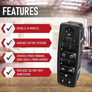 Driver Side Master Power Window Switch, Double Auto Button ONLY - Compatible with Chrysler, Dodge & Jeep, Ram, Grand Caravan, Journey, Liberty - Replaces 4602863AD, 4602870AD, 901-473, 4602863AB