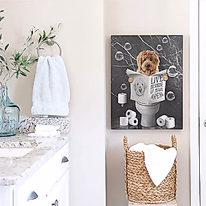 Bathroom Decor Canvas Wall Art Funny Dog Sitting in Toilet Pictures Black and White Animals Wall Decor Farmhouse Bathroom Painting for Bathroom Toilet Artwork Framed 12"x16"